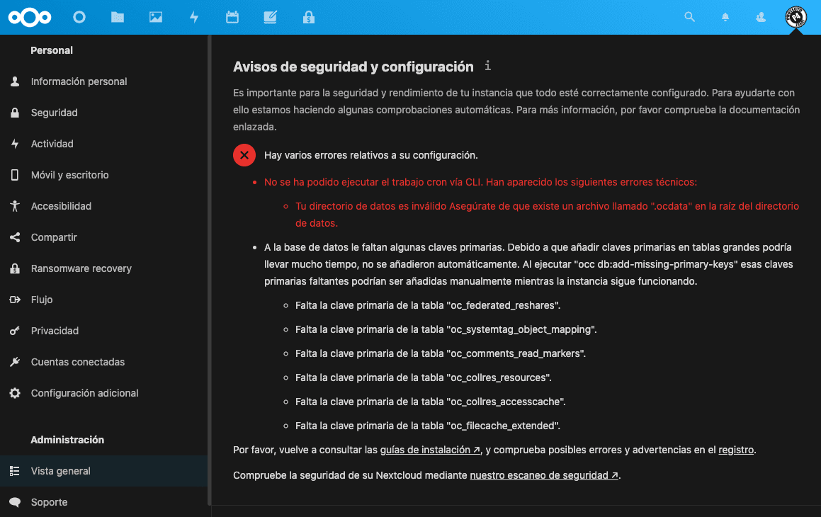 Avisos de seguridad y configuración en NextCloud V20.0.2 & V20.0.4 - F O R A T