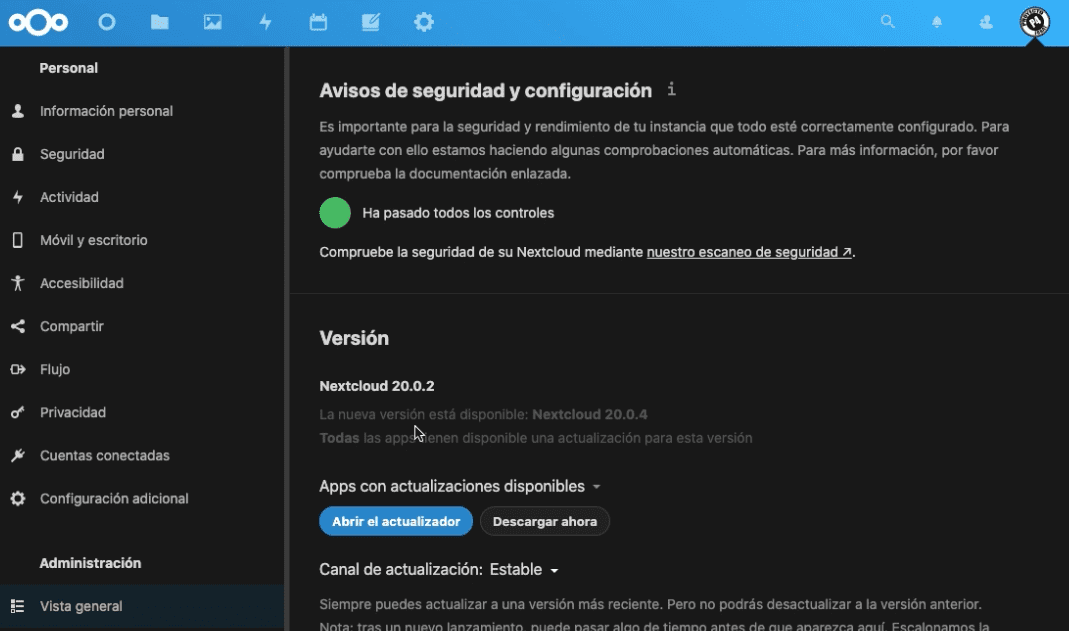 Avisos de seguridad y configuración en NextCloud V20.0.2 & V20.0.4 - F ...