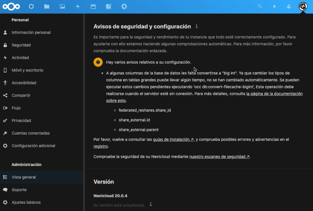 Avisos de seguridad y configuración en NextCloud V20.0.2 & V20.0.4 - F O R A T